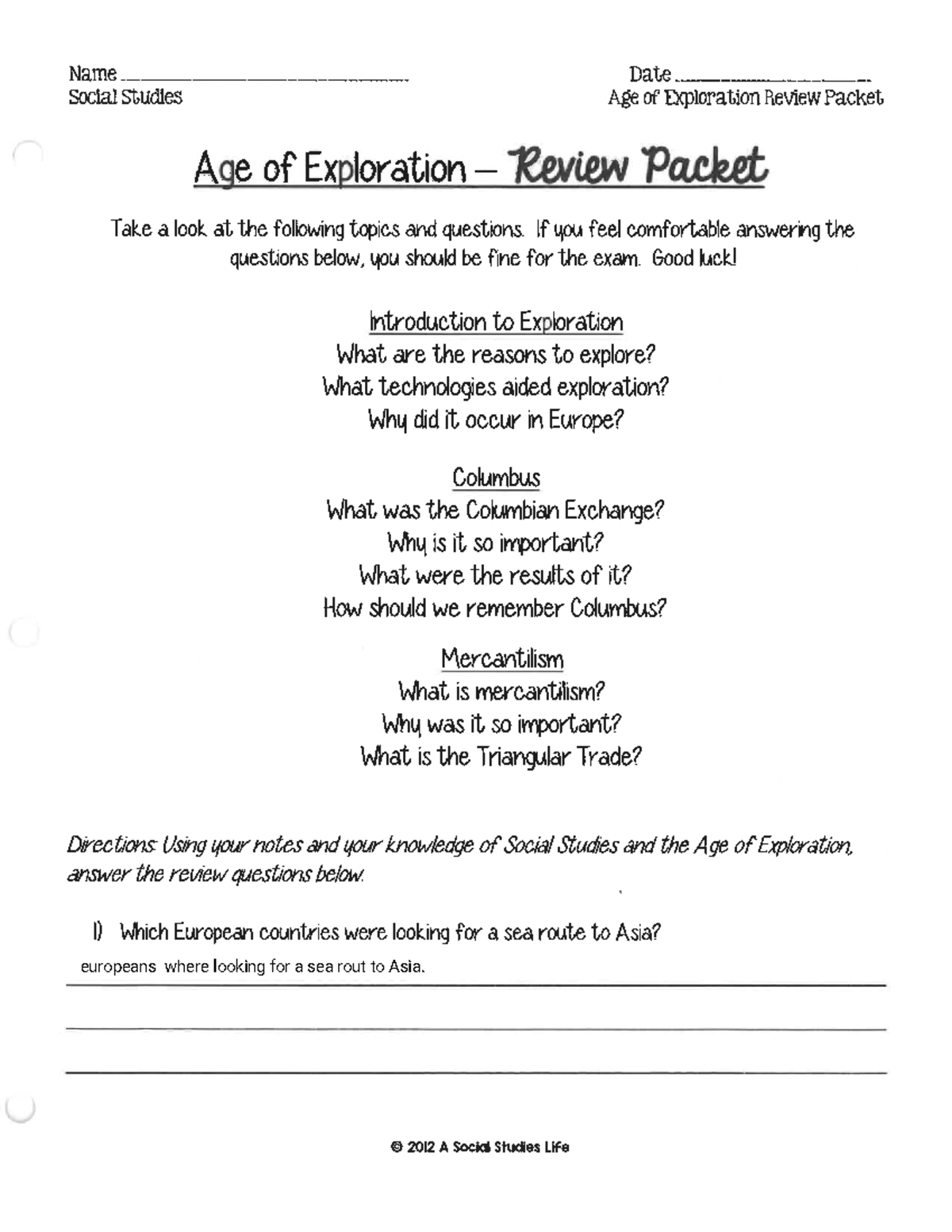 Ashton Stevens - Age of Exploration Study Guide - Name Social Studies ...