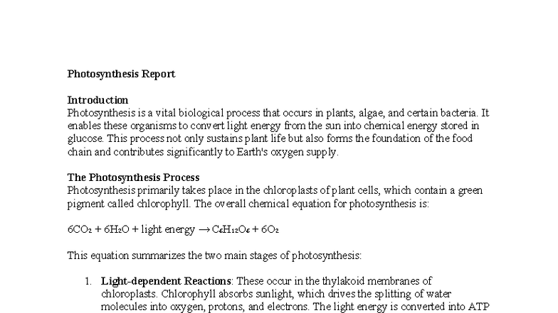 Photosynthesis Report: Understanding the Process and Its Importance ...