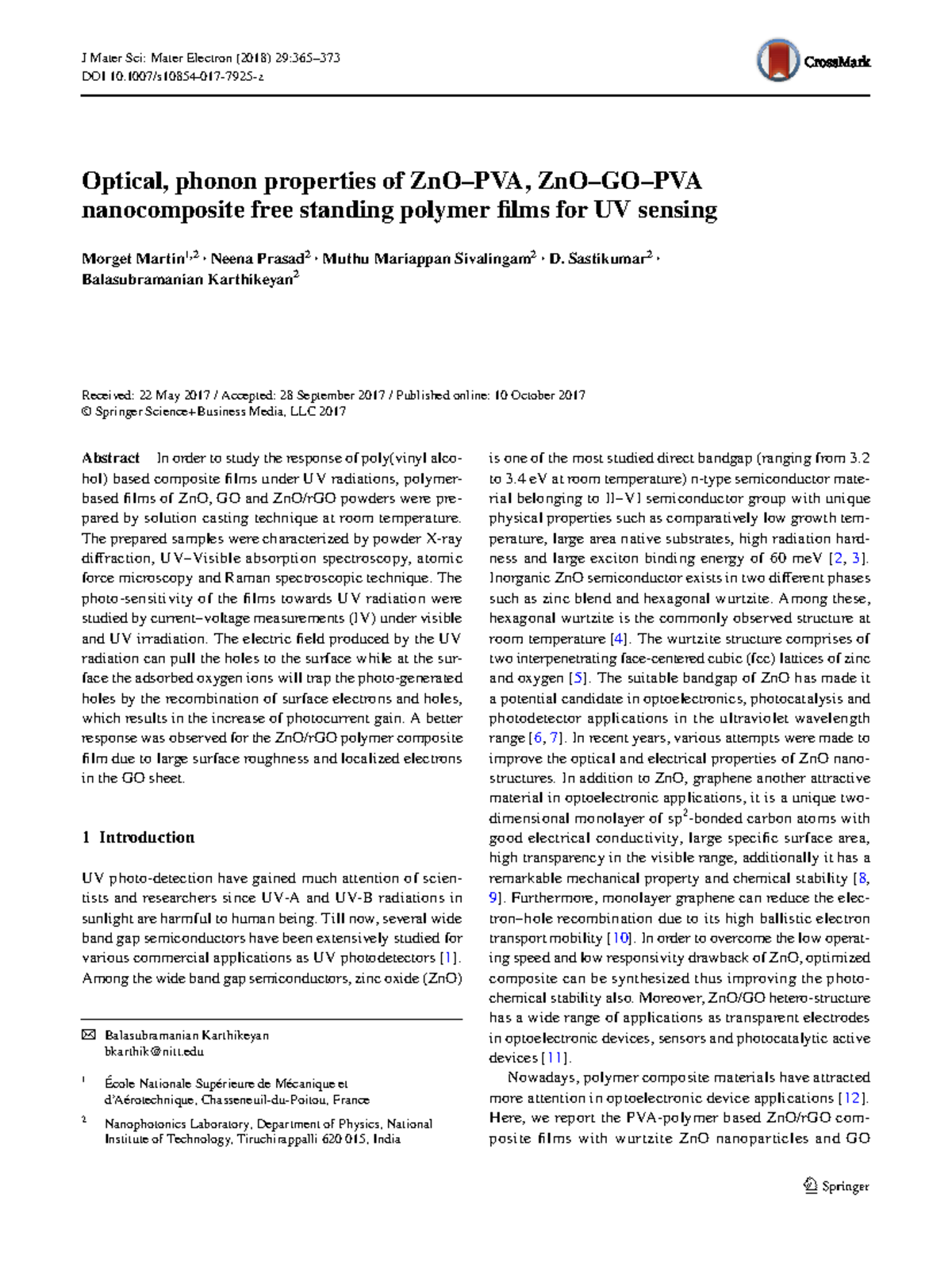 Optical and Phonon Properties of ZnO-PVA Nanocomposites for UV Sensing ...