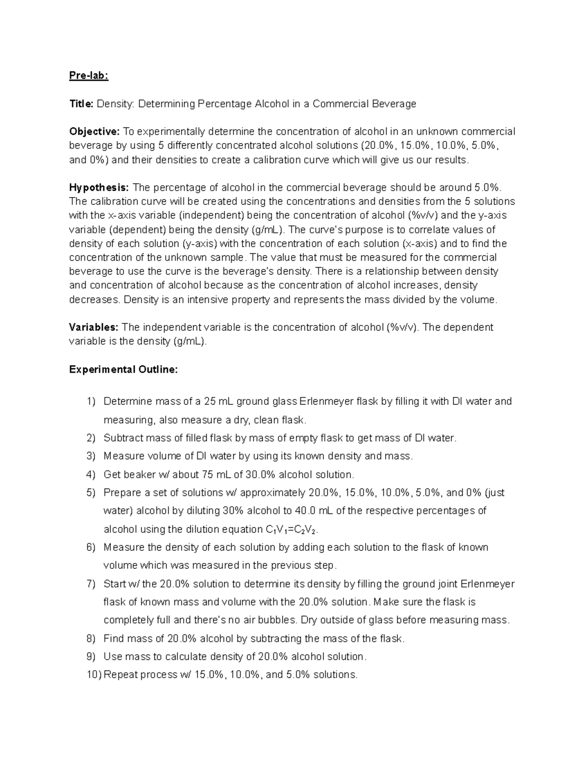 Density Lab: Determining Alcohol % in Commercial Beverages - Studocu