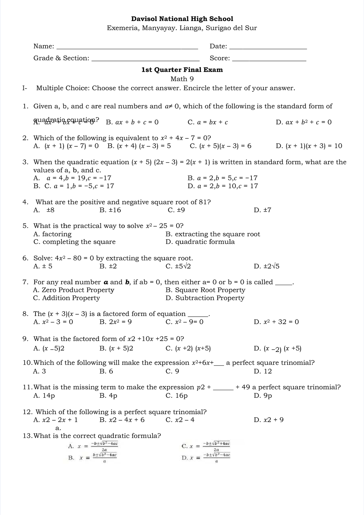 Math 9 1st Quarter Final Exam: Multiple Choice Questions - Studocu
