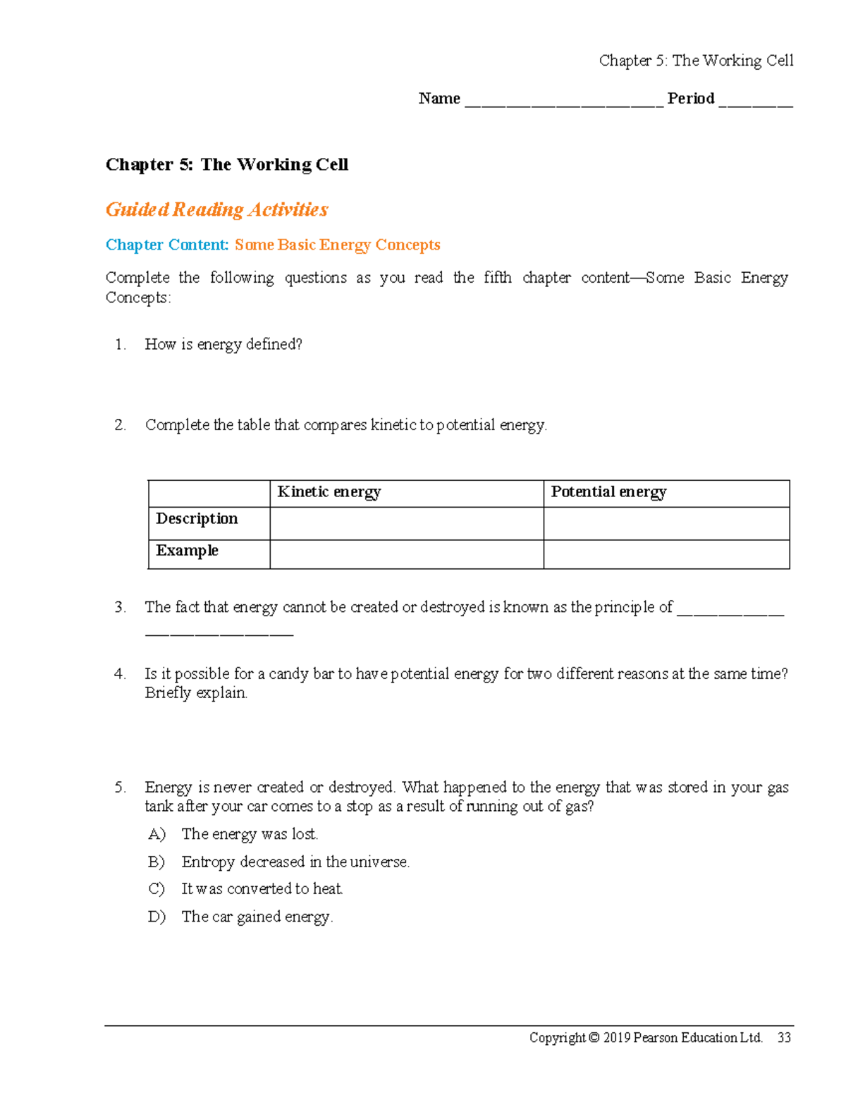 Chapter 5: The Working Cell - Active Reading Guide Activities - Studocu