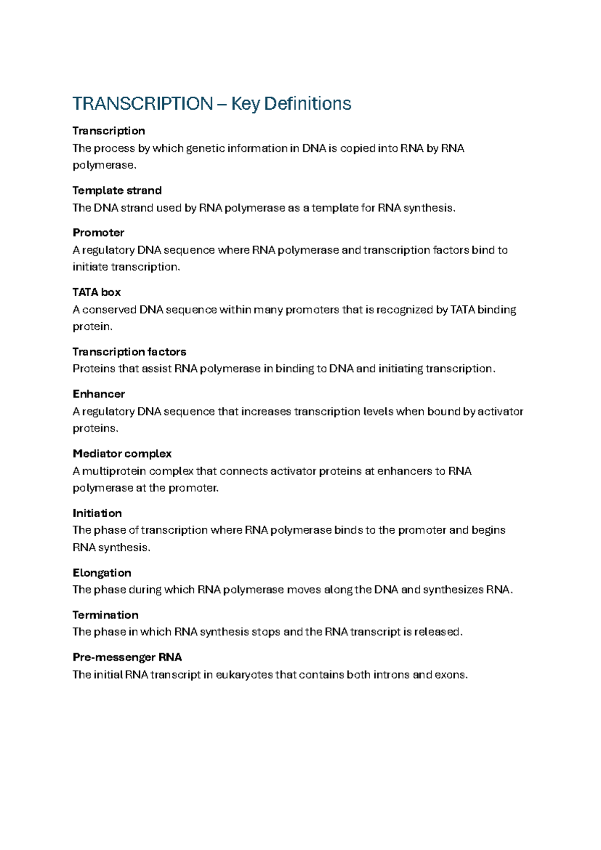 BIO101: Key Definitions of Transcription Process and Mechanisms - Studocu