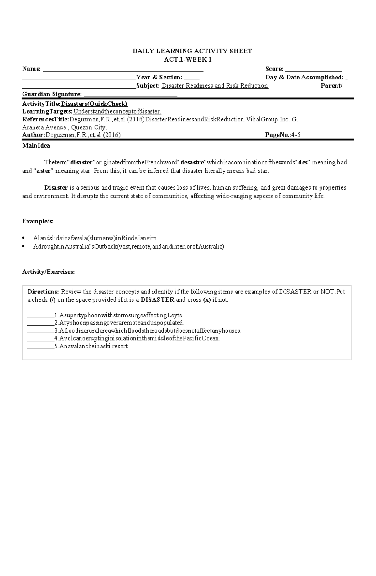 DRRM Module 1 - DRRM Report - Directions: Review the disaster concepts ...