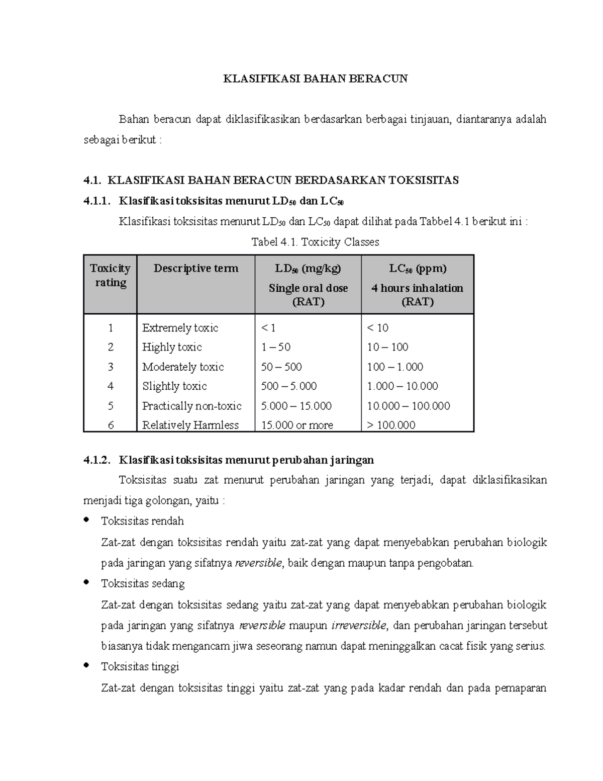 Klasifikasi Bahan Beracun: Toksisitas, Efek, dan Target Organ - Studocu