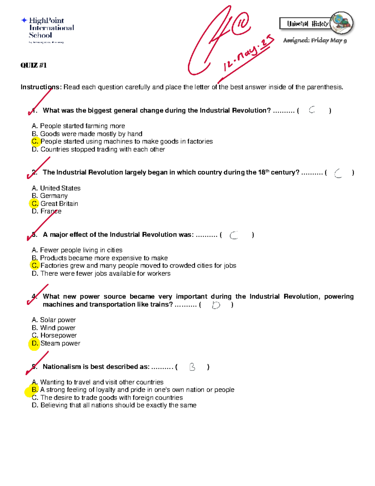 Quiz #1: Industrial Revolution & Nationalism Concepts Instructions ...