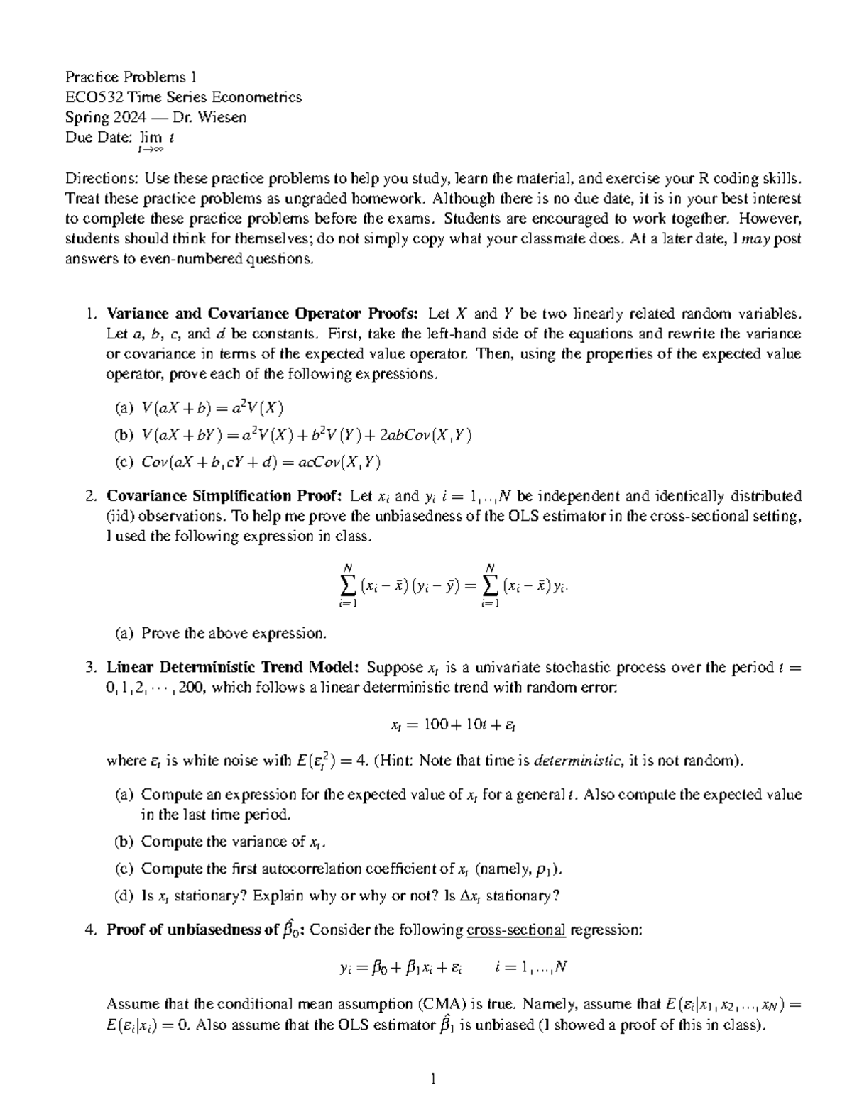ECO532 Practice Problems 1: Time Series Econometrics Questions - Studocu