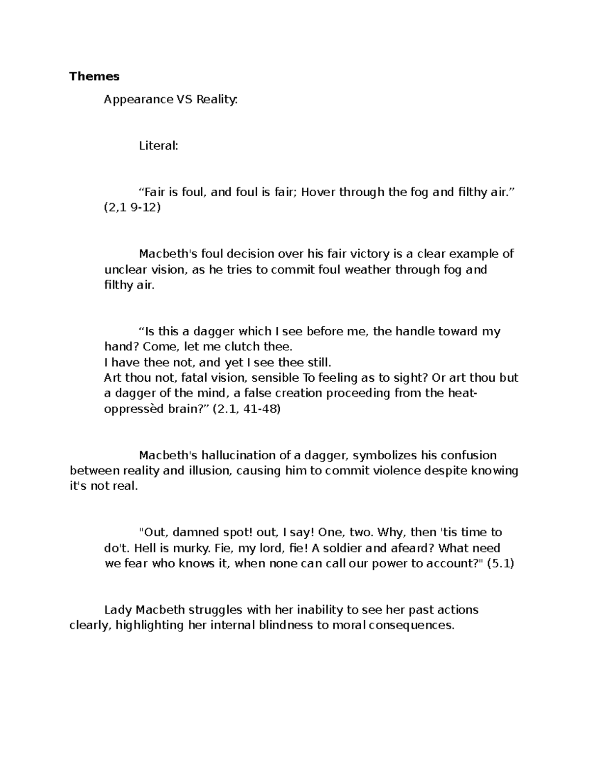 Macbeth (ENG 101) Mind Map: Themes of Appearance vs. Reality - Studocu