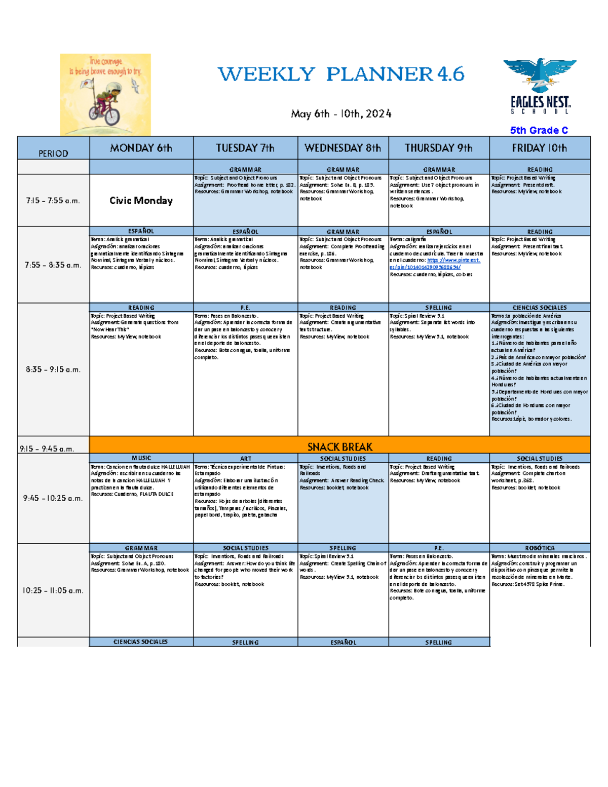 Weekly Planner for 5th Grade C - May 6th-10th, 2024 - Studocu