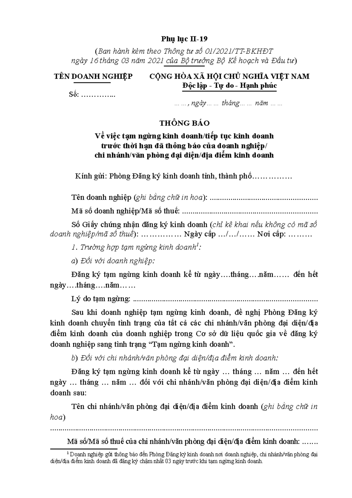 Phụ lục II-19: Thông báo Tạm ngừng và Tiếp tục Kinh doanh 1234567 - Studocu