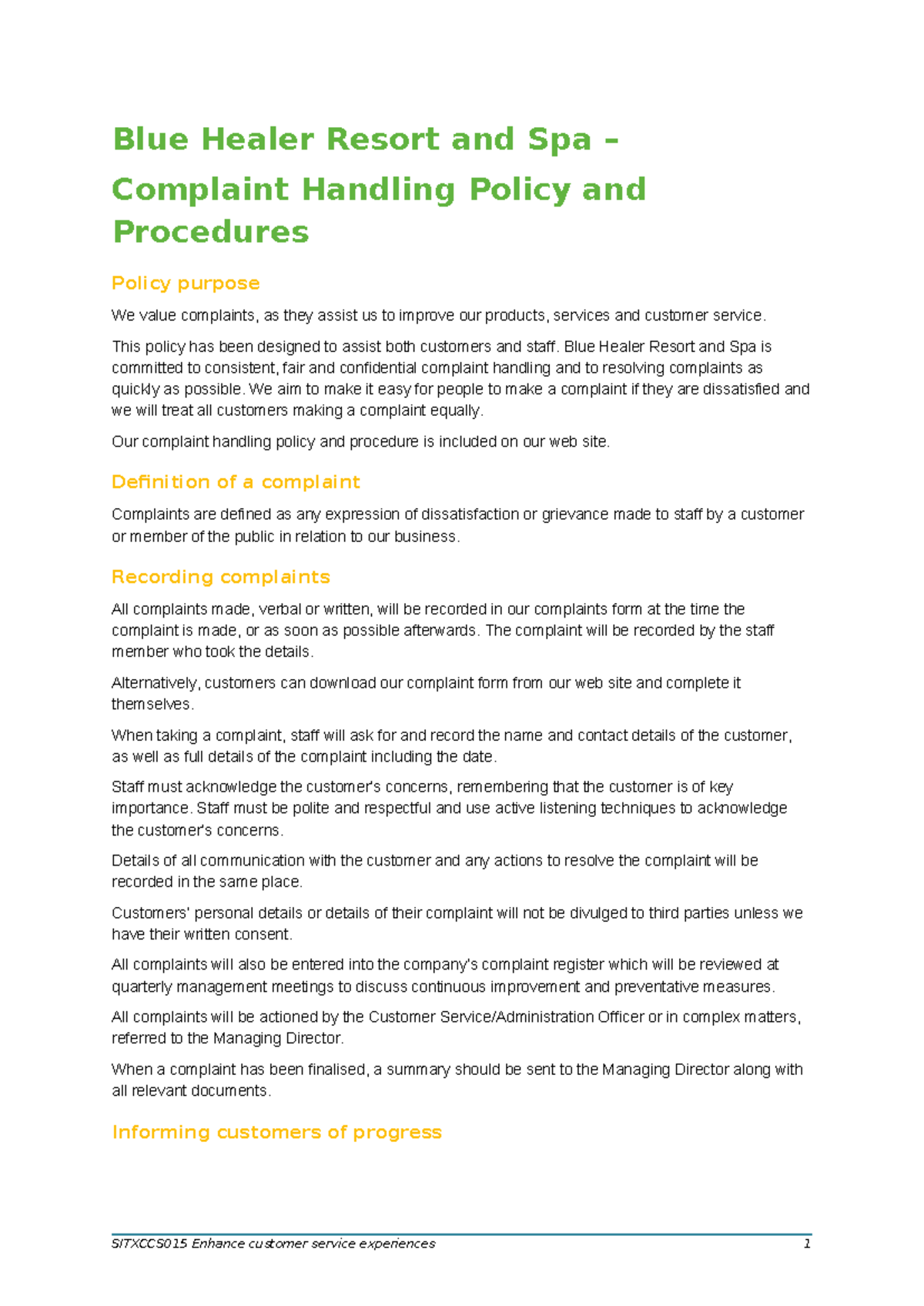 SITXCCS015 Complaint Handling Policy & Procedures at Blue Healer Spa ...