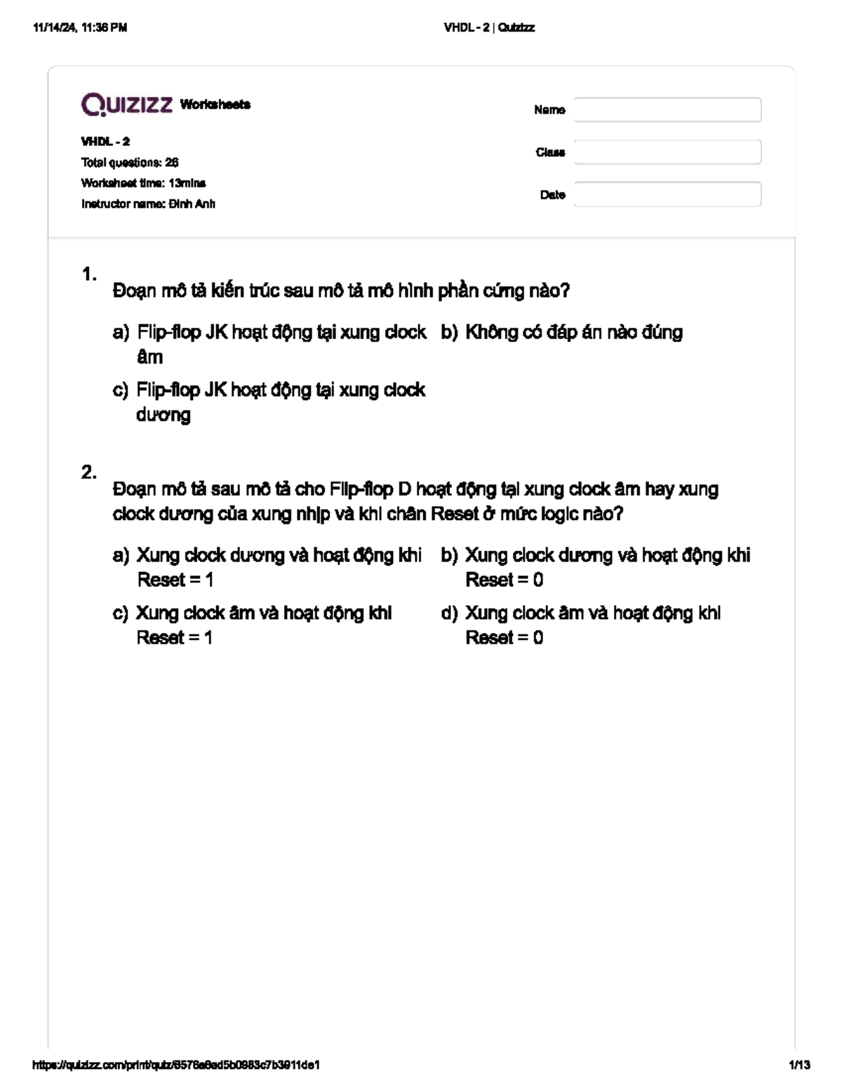 VHDL 2 - Quizizz Worksheet for Digital System Design 2 - Studocu