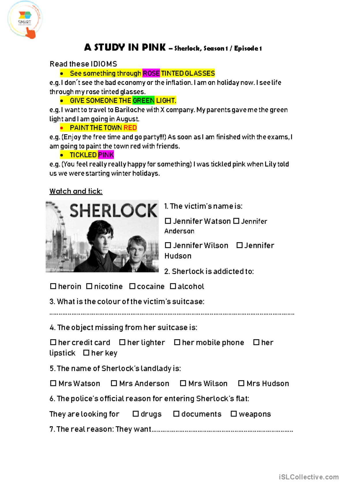 A STUDY IN PINK – Idioms and Key Details from Sherlock S1E1 - Studocu