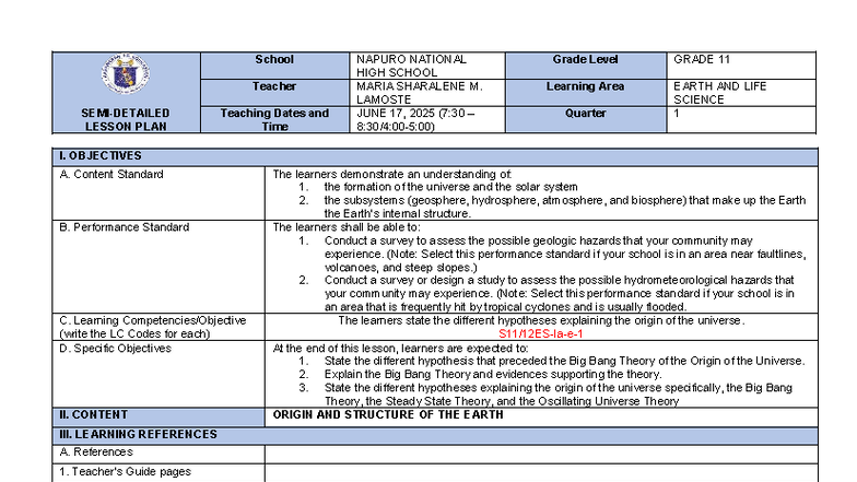 DLP-1: Grade 11 Earth and Life Science Lesson Plan on Universe Origin ...