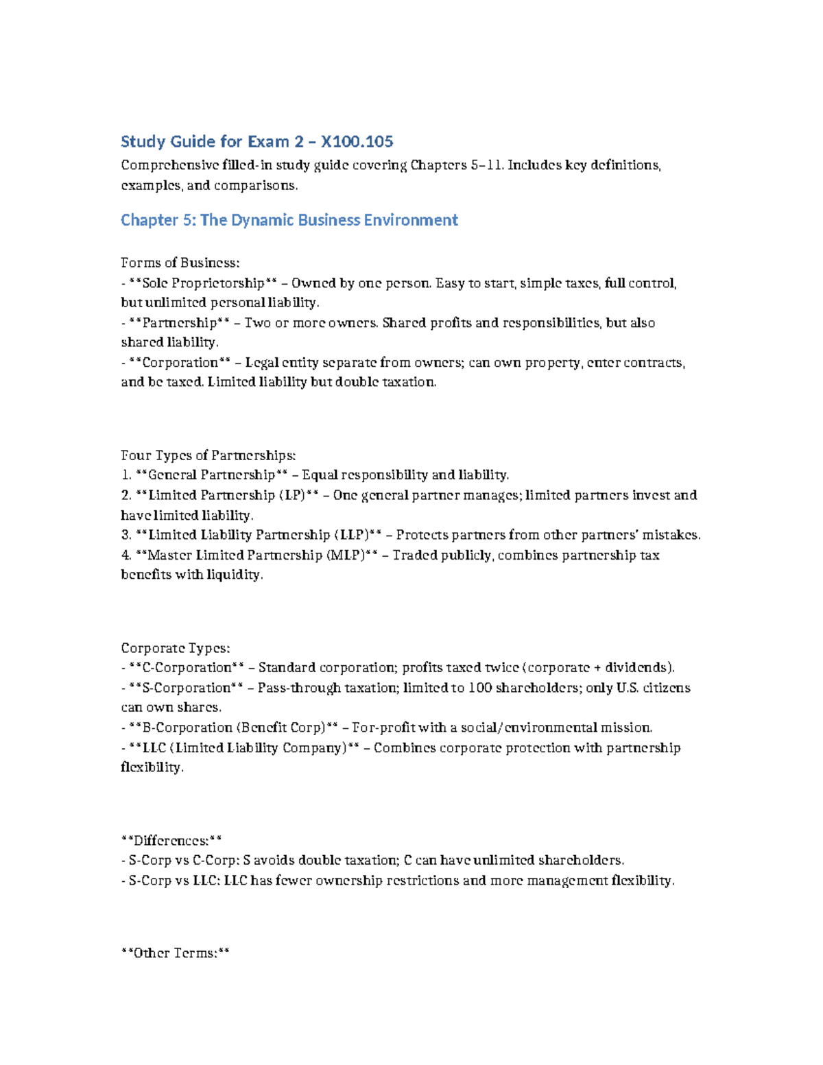 Study Guide for Exam 2 – Comprehensive Review of Chapters 5-11 (X100 ...