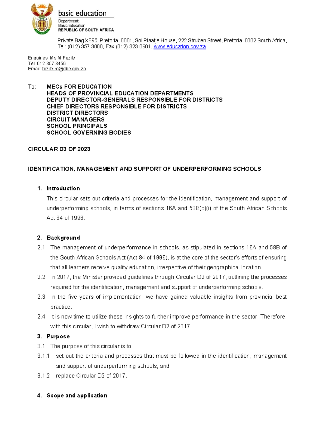 16 DBE Circular D3 of 2023: Guidelines for Managing Underperforming ...