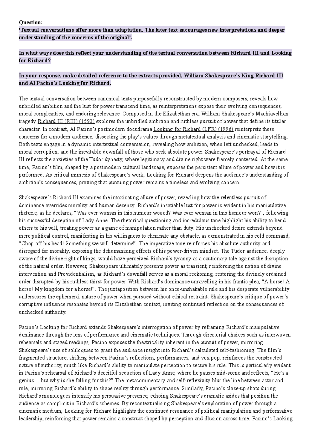 Module A - HSC English Advanced - Essay: Power and Ambition in Richard ...