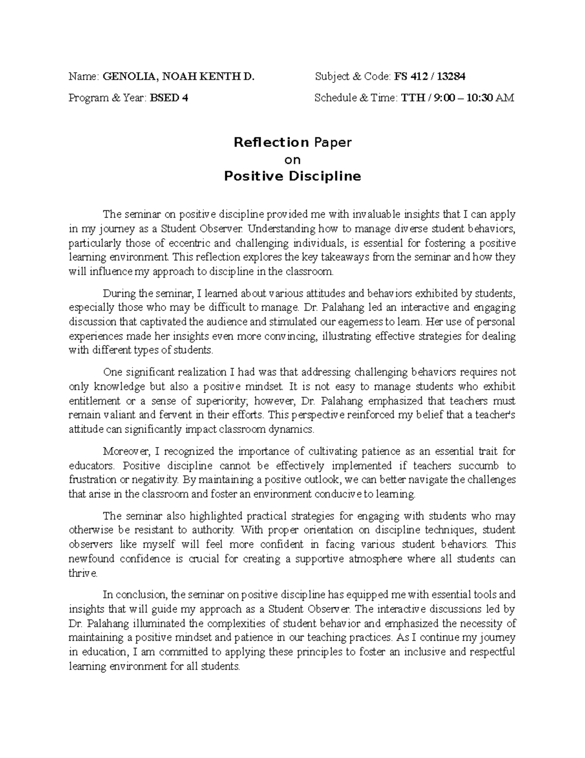 Reflection on Positive Discipline - Name: GENOLIA, NOAH KENTH D ...