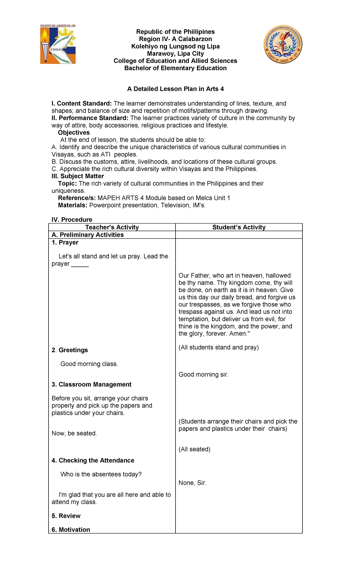 Detailed Lesson Plan in MAPEH Arts 4: Cultural Communities in the ...