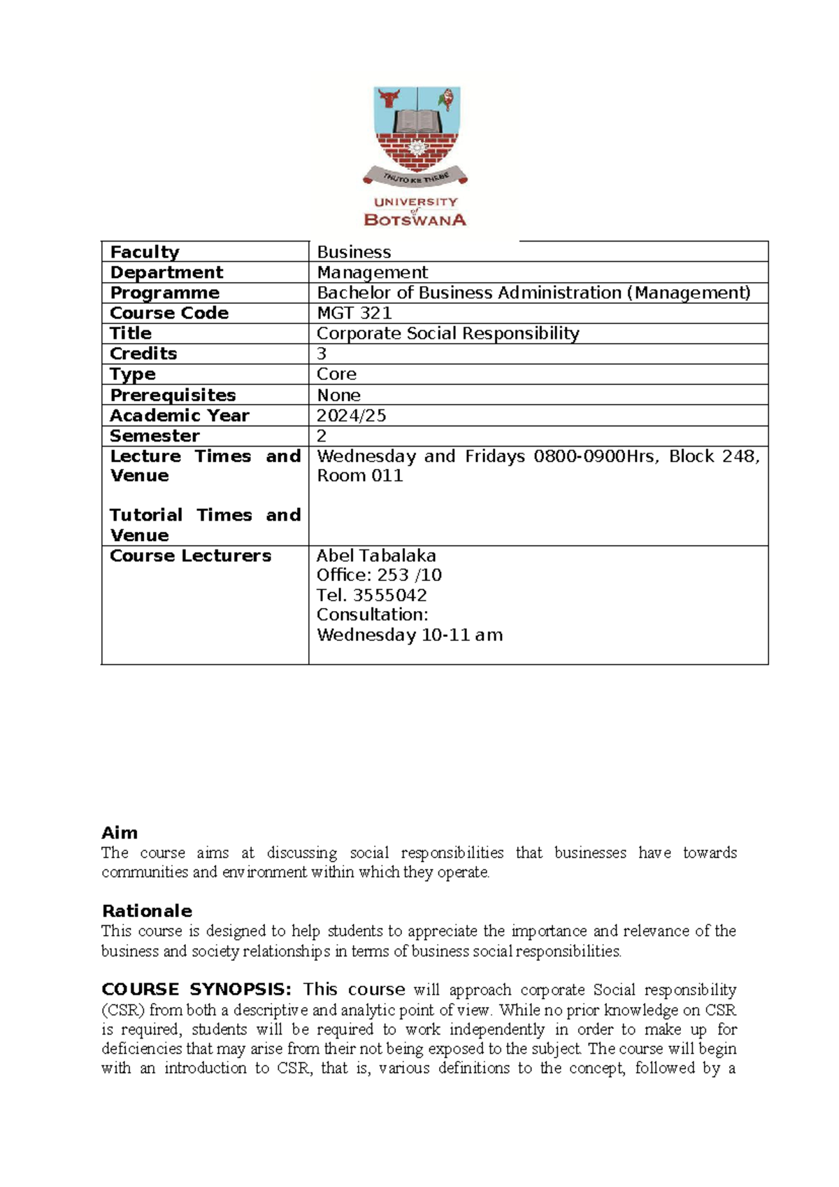 MGT 321 Corporate Social Responsibility Course Outline 2025 - Studocu