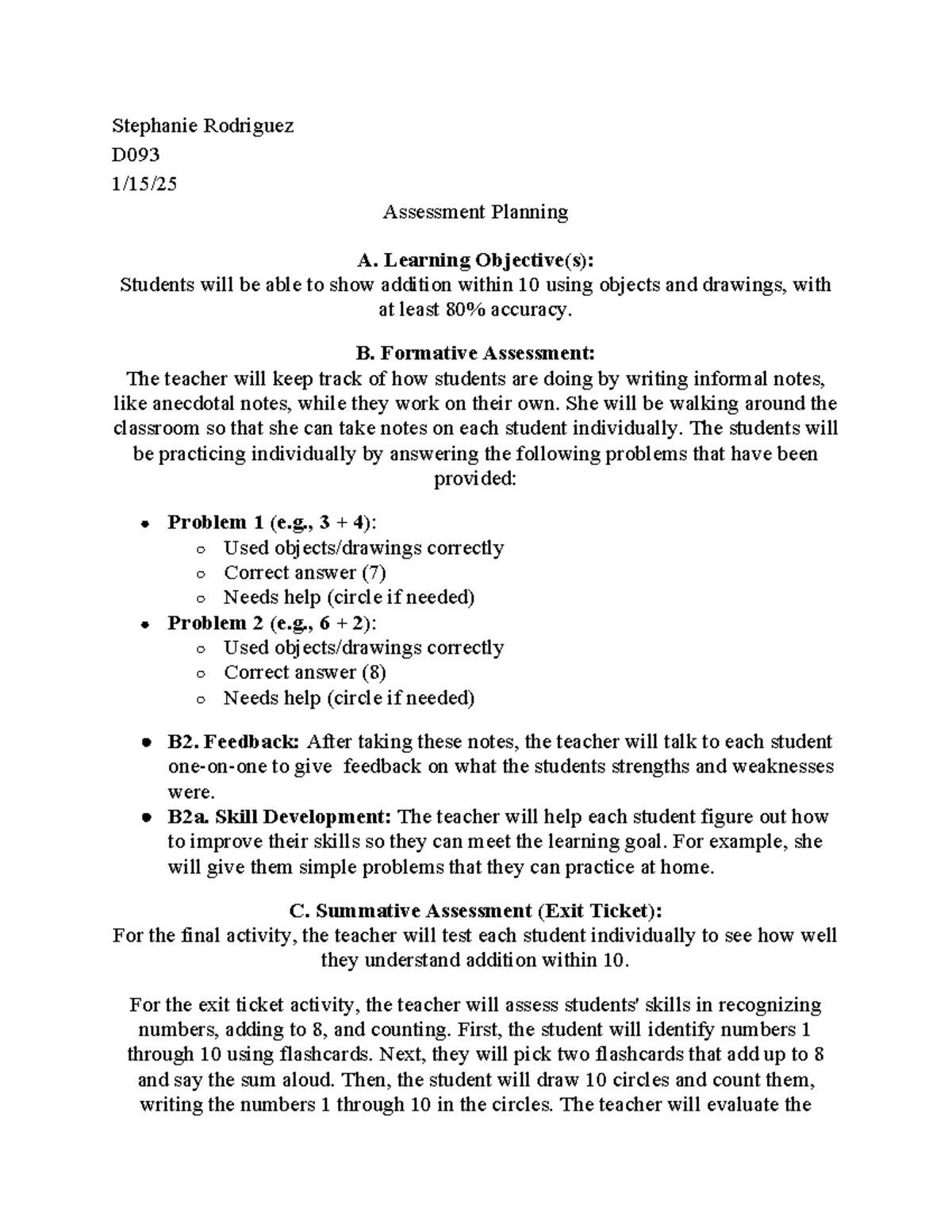 D093 Assessment Planning Task 1: Addition Strategies for Success - Studocu