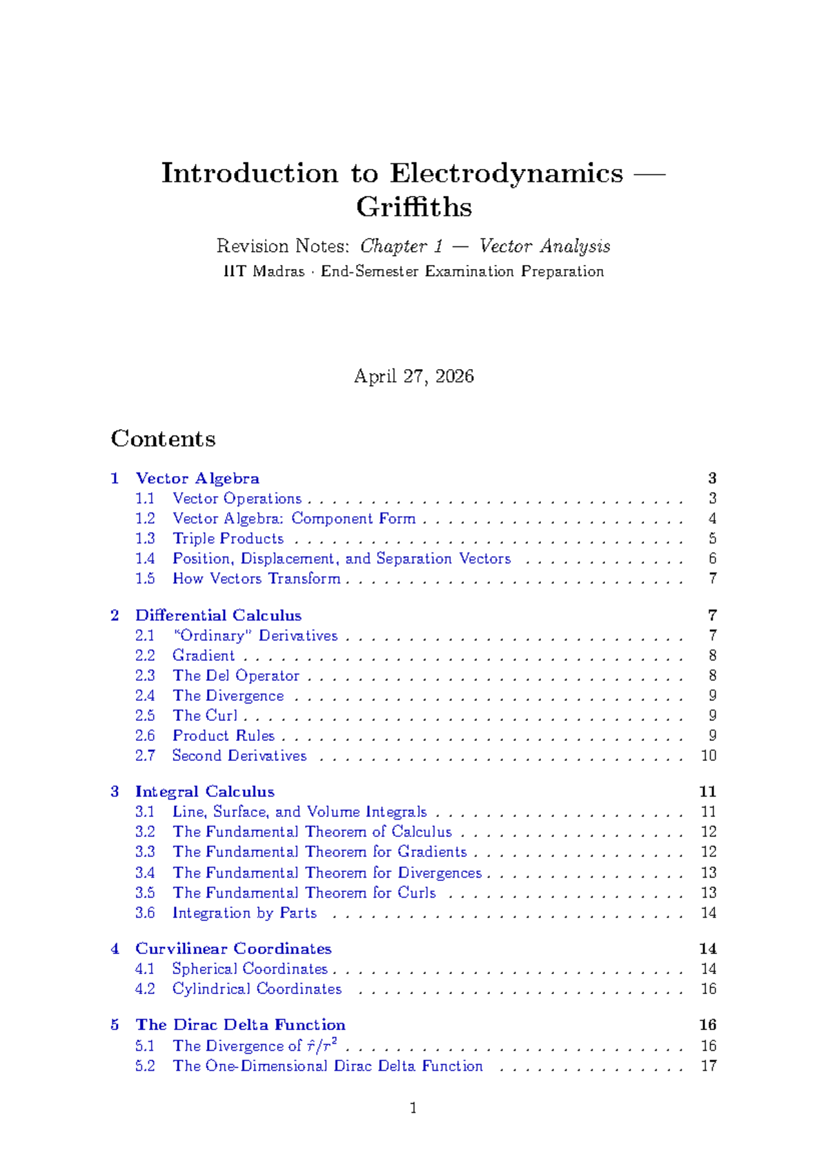 IIT Madras Electrodynamics Revision Notes: Chapter 1 Vector Analysis ...