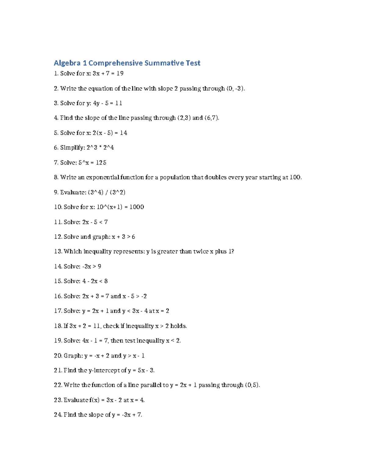 Algebra 1 Comprehensive Summative Test 1 Solutions and Problems - Studocu