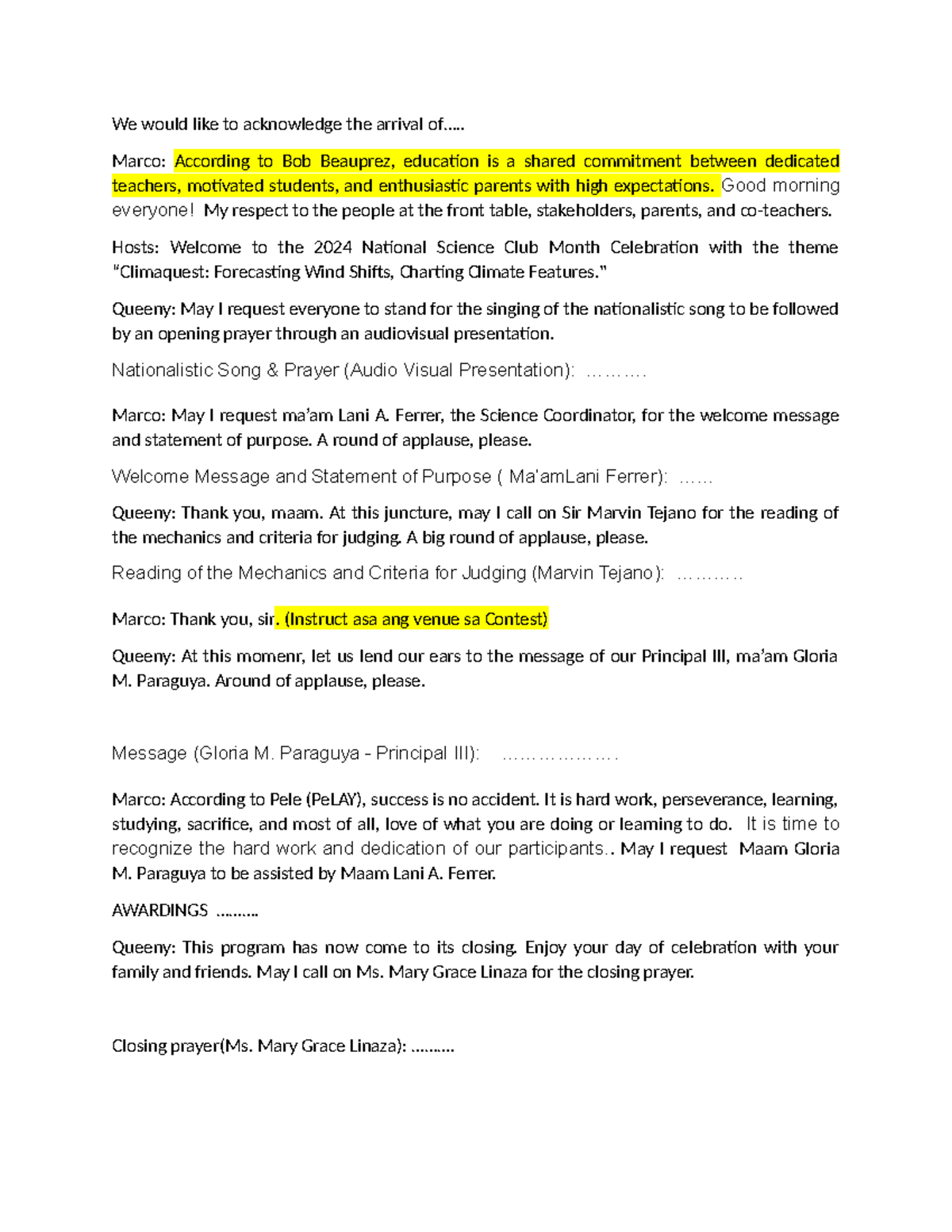 Script for the 2024 National Science Club Month Celebration Event - Studocu