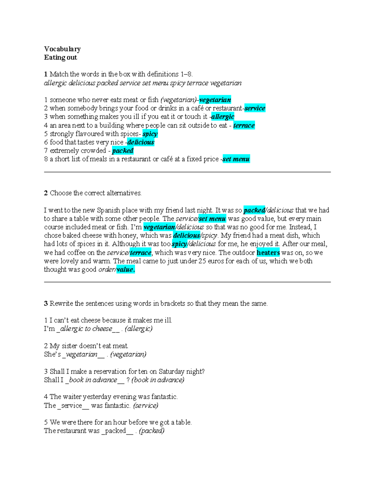 1A Workbook Exercise - Unit 1: Vocabulary on Eating Out - Studocu