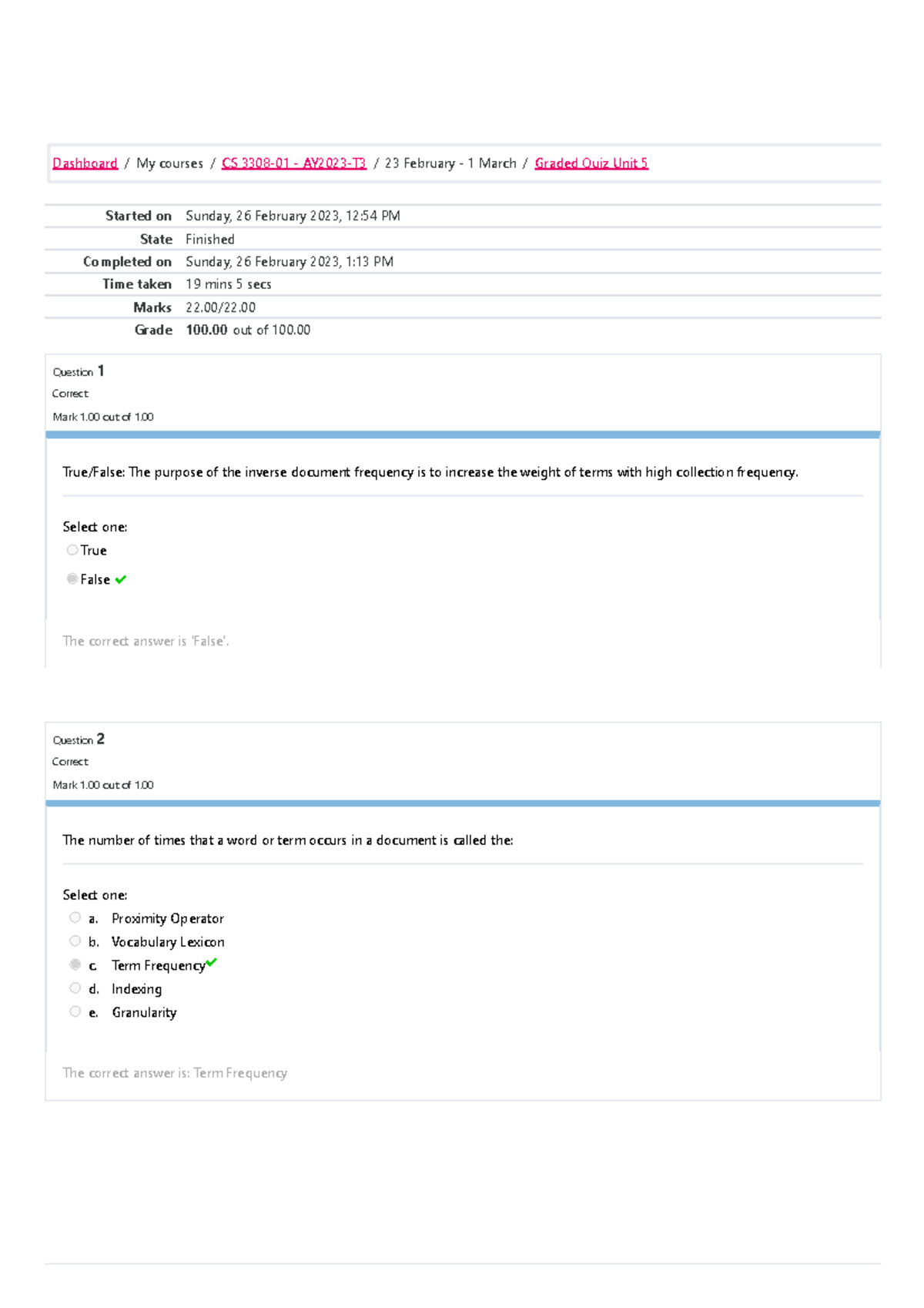 CS 3308 Graded Quiz Unit 5 Results and Review Summary - Studocu