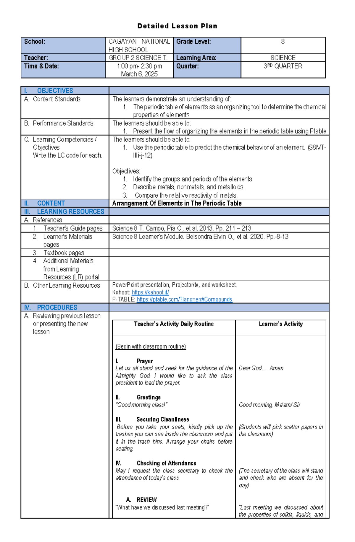 Detailed Lesson Plan for Science 8: Understanding the Periodic Table ...