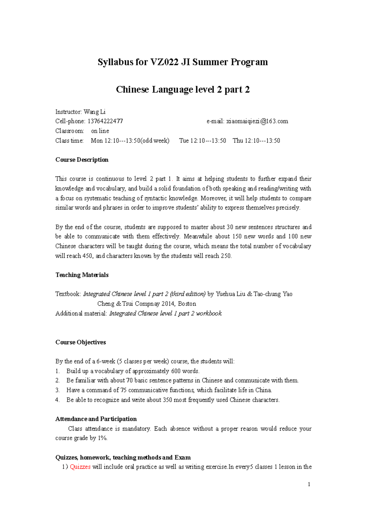 Syllabus for VZ022 JI Summer Program: Chinese Level 2, Part 2 - Studocu