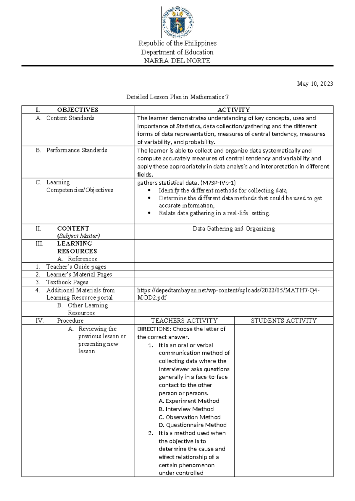 LP in Math 7 Last week - Lesson Plans for Grade 7 Third/ Fourth Quarter ...