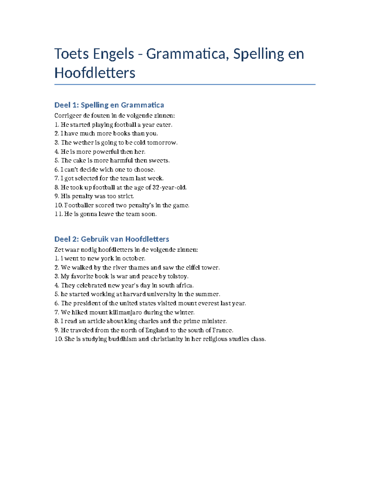 Toets Engels - Oefeningen Grammatica en Hoofdletters - Studocu
