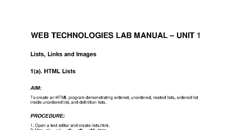 WEB TECHNOLOGIES LAB MANUAL UNIT 1: Lists, Links & Images - Studocu