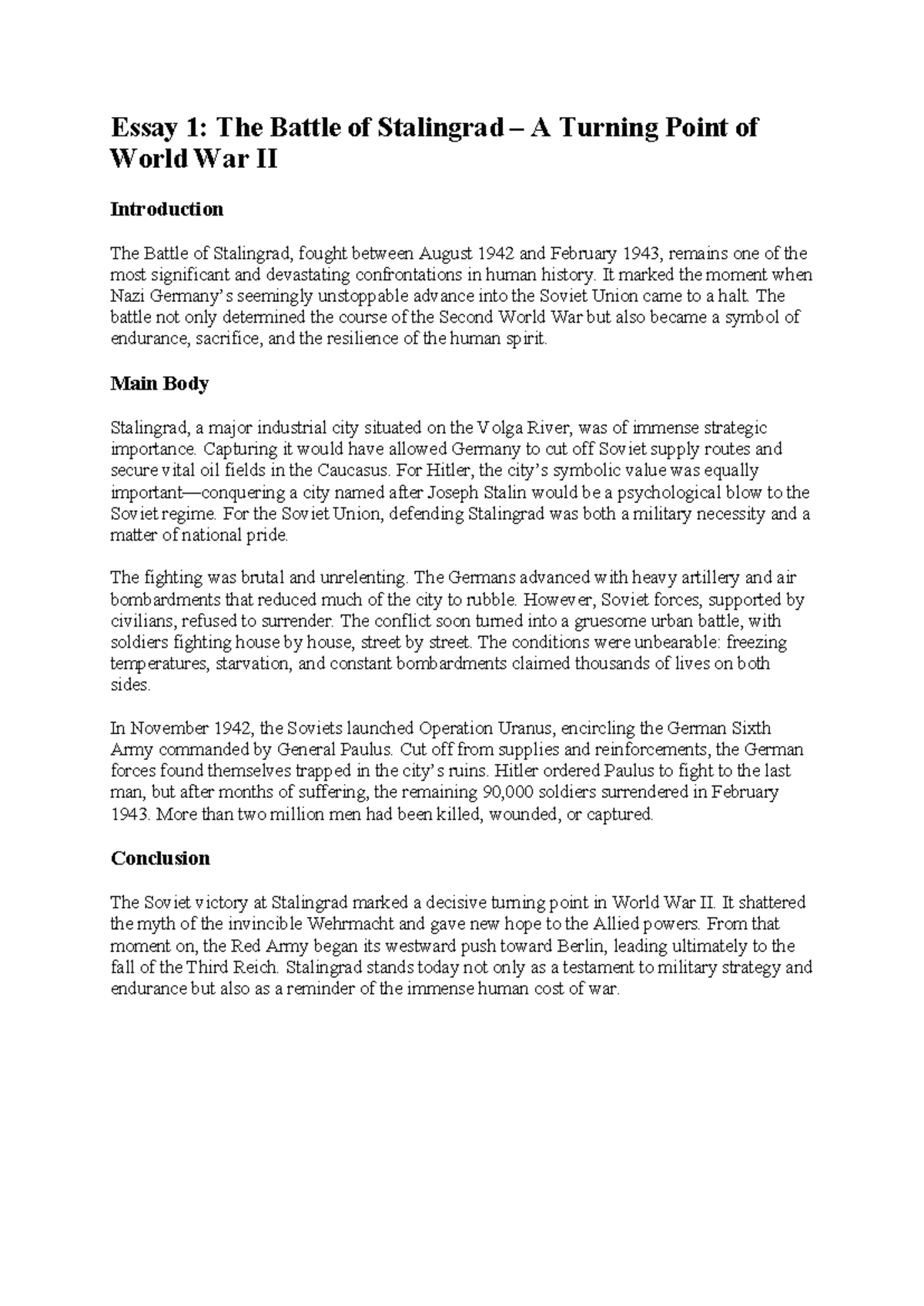 Essay 1: The Battle of Stalingrad - A WWII Turning Point - Studocu