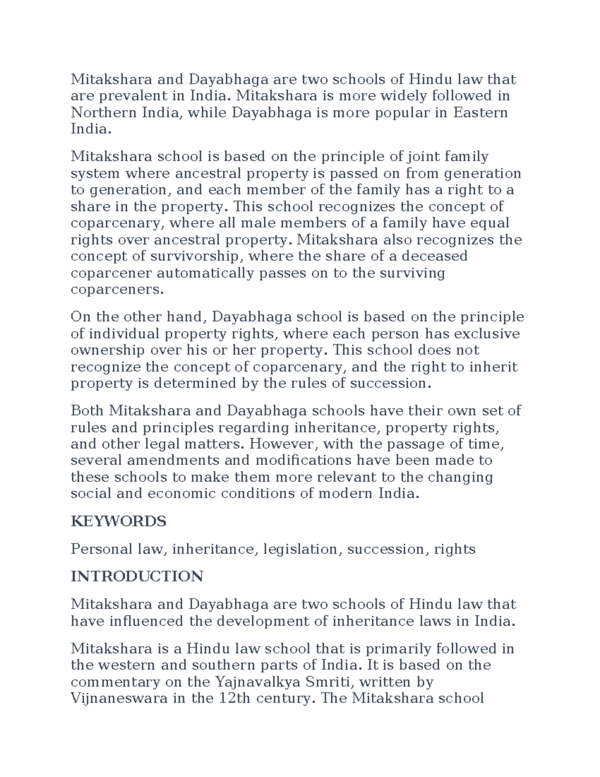 Hindu Law Schools: Mitakshara vs Dayabhaga Overview - Studocu