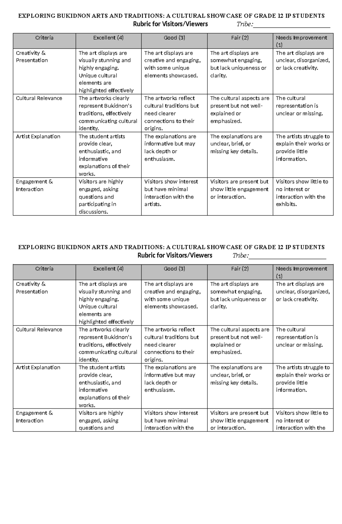 Exploring Bukidnon ARTS AND Traditions Rubrics - EXPLORING BUKIDNON ...