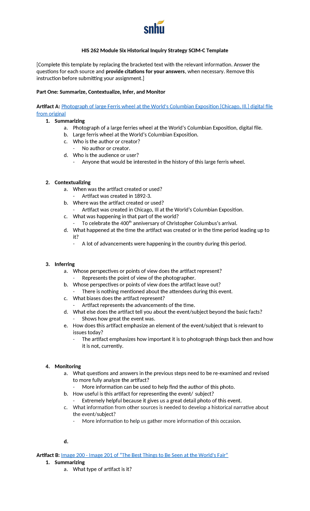 HIS 262 Module Six Historical Inquiry Strategy SCIM-C Template - Answer ...
