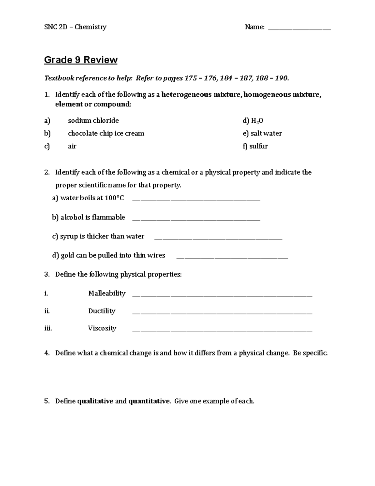 SNC 2D Grade 9 Chemistry Review: Mixtures, Properties, and Changes ...