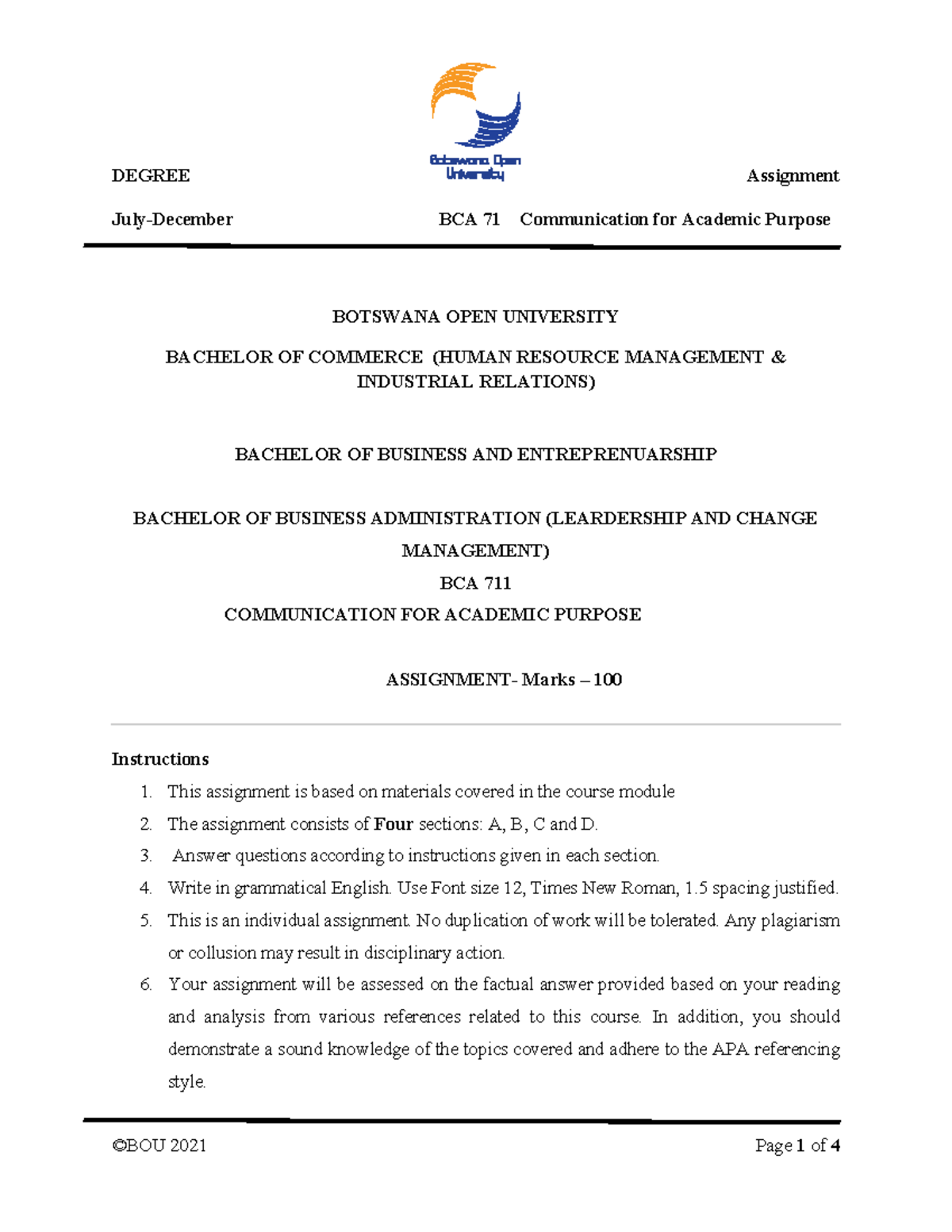 BCA 711 Assignment: Communication for Academic Purposes Analysis - Studocu
