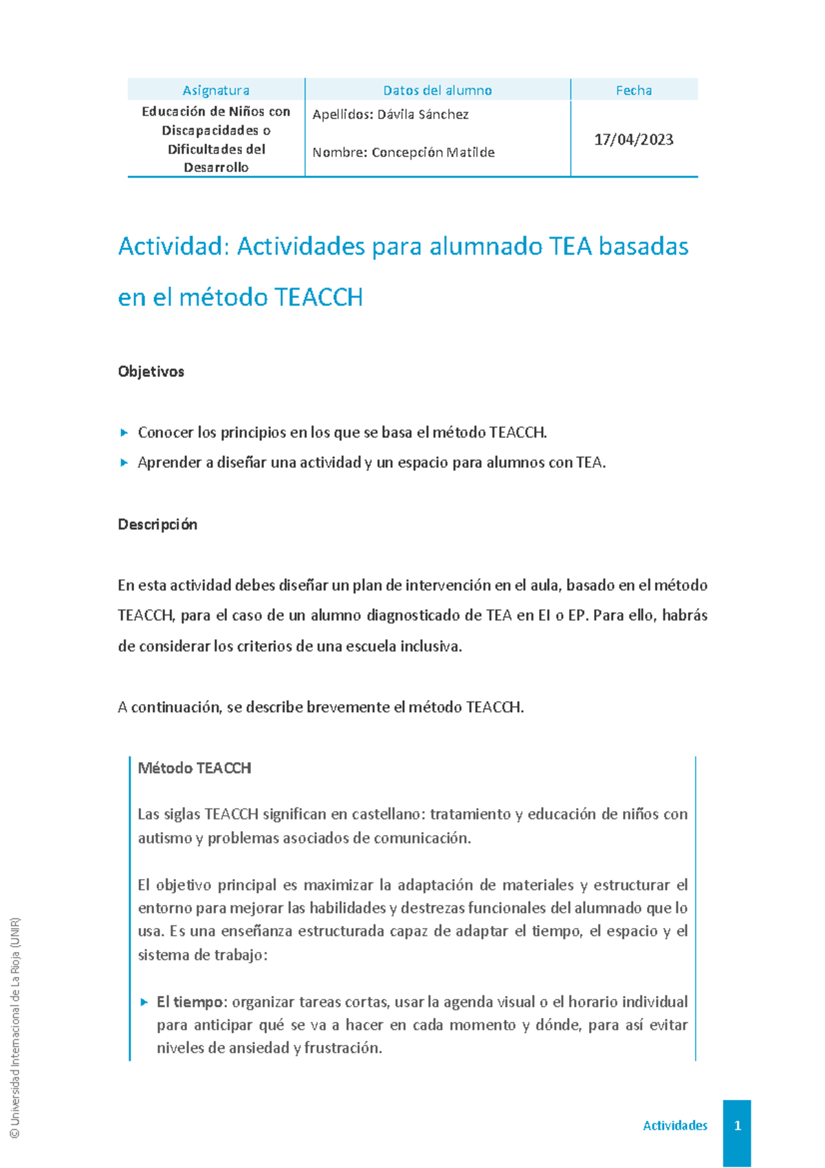 Actividades para alumnado TEA basadas en el método Teacch (Concepción ...