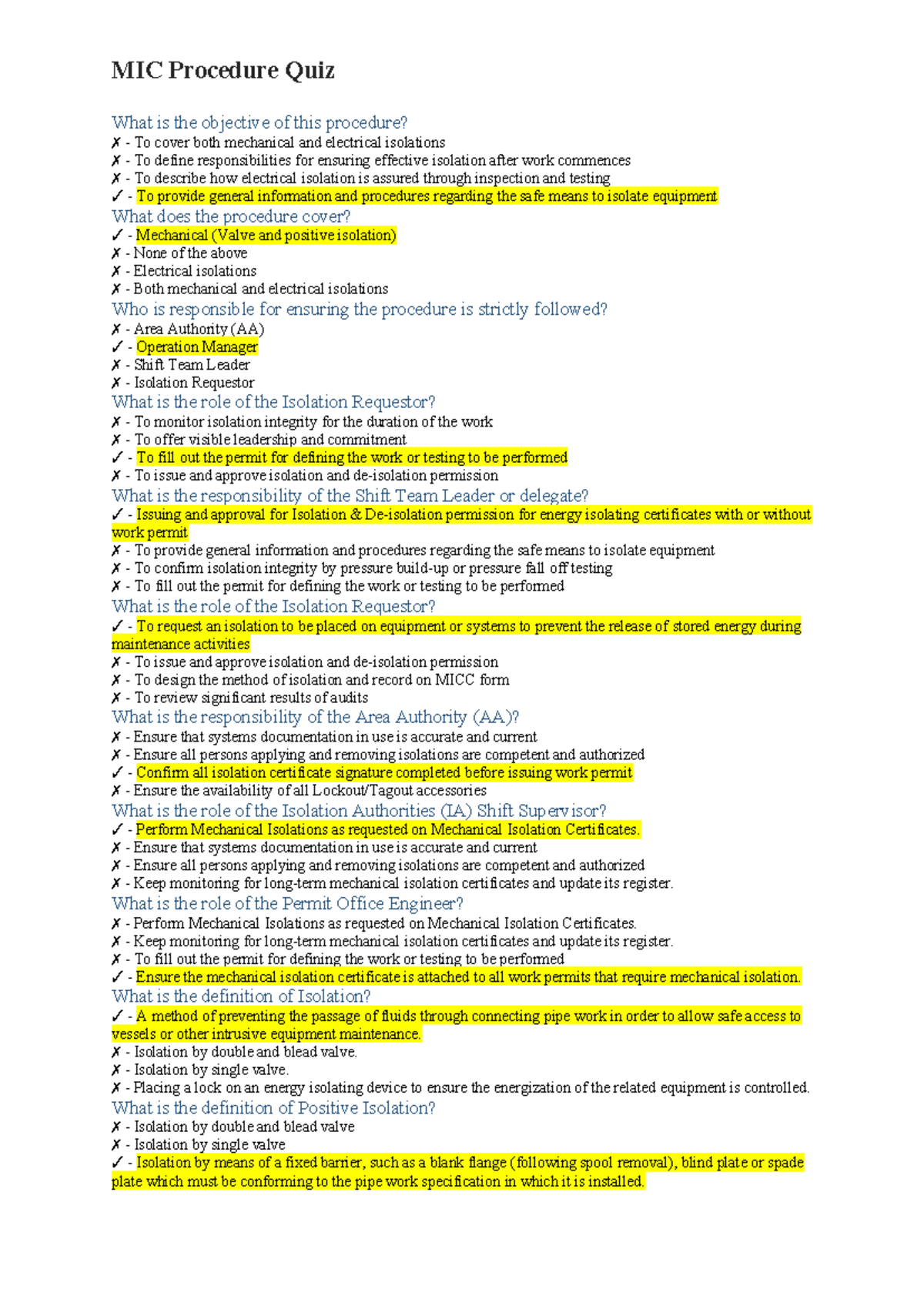 Mechanical Isolation Procedure Quiz with Solutions - Safety Protocols ...