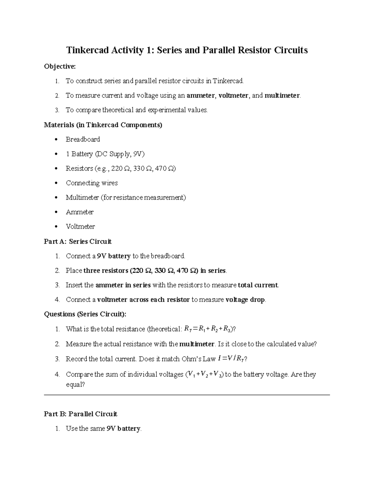 LAB-ACT-1: Tinkercad Series & Parallel Resistor Circuits Guide - Studocu