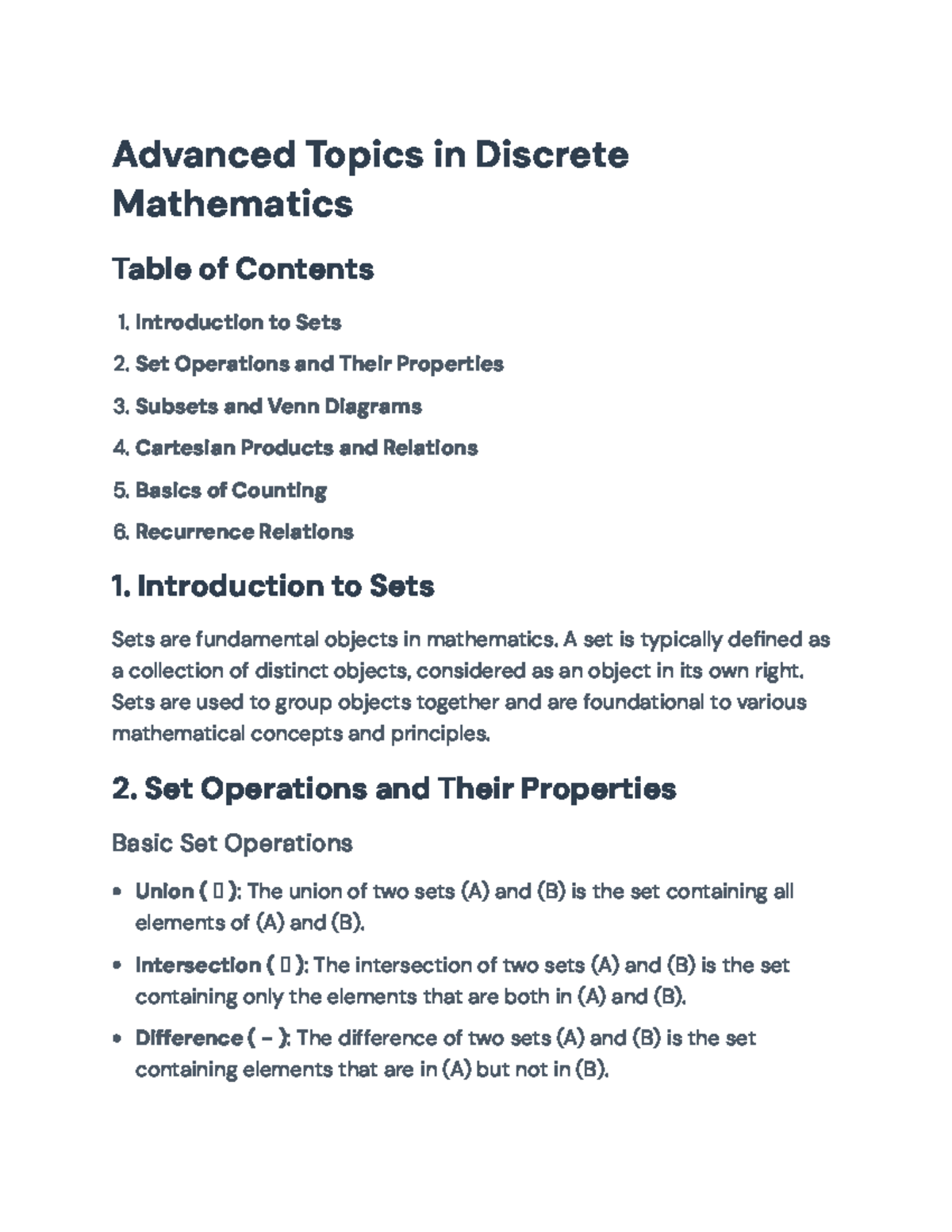 Advanced Topics in Discrete Mathematics: Sets, Relations, and Counting ...