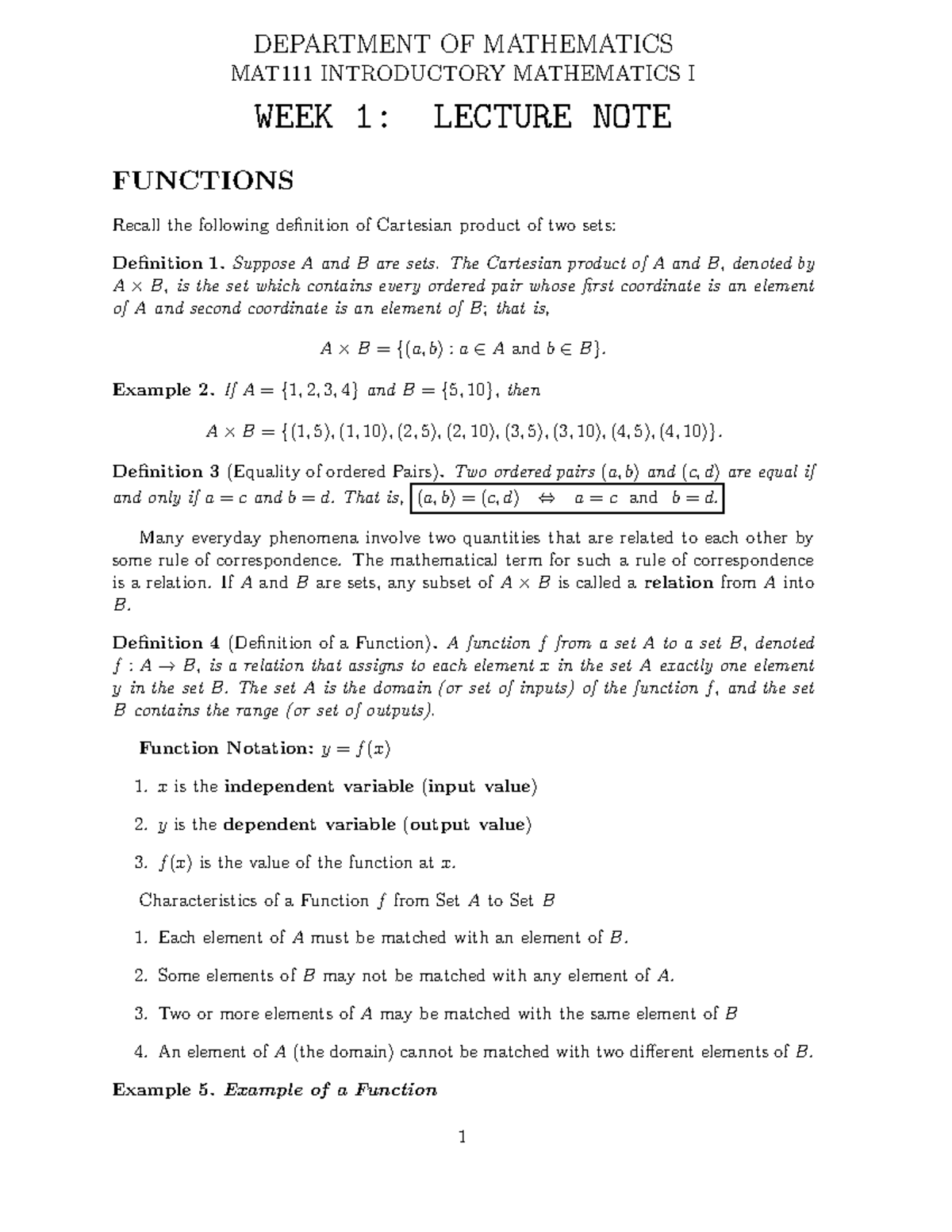 MAT111 Week 1 Lecture Notes: Understanding Functions & Relations - Studocu