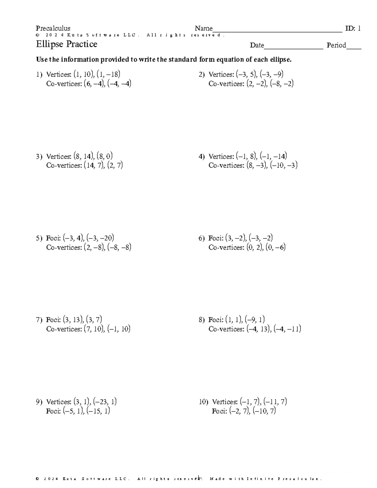 02-08 Precalculus Ellipse Practice Worksheet by Kuta Software - Studocu