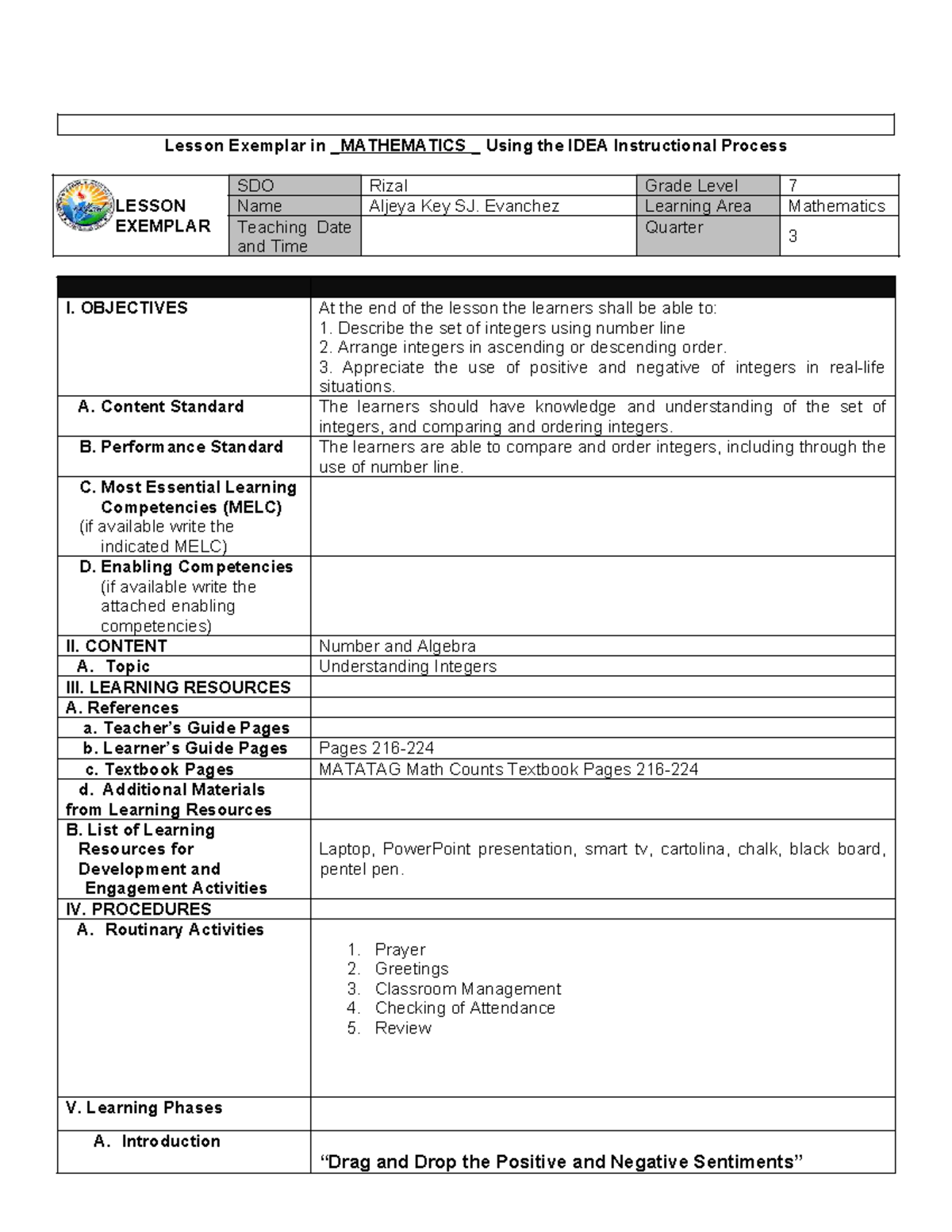 Lesson Exemplar in MATHEMATICS 7: Understanding Integers (Q3) - Studocu