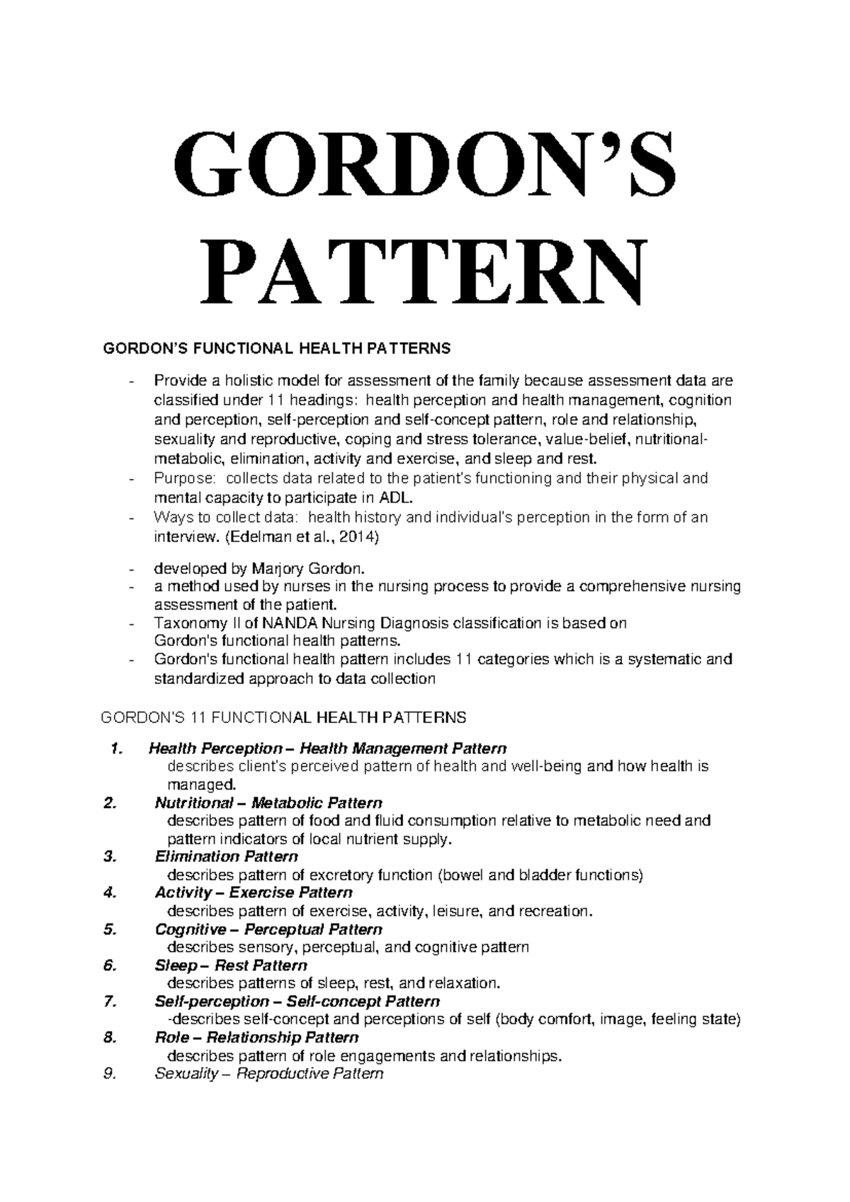 Gordon's Functional Health Patterns in Nursing Assessment - Studocu