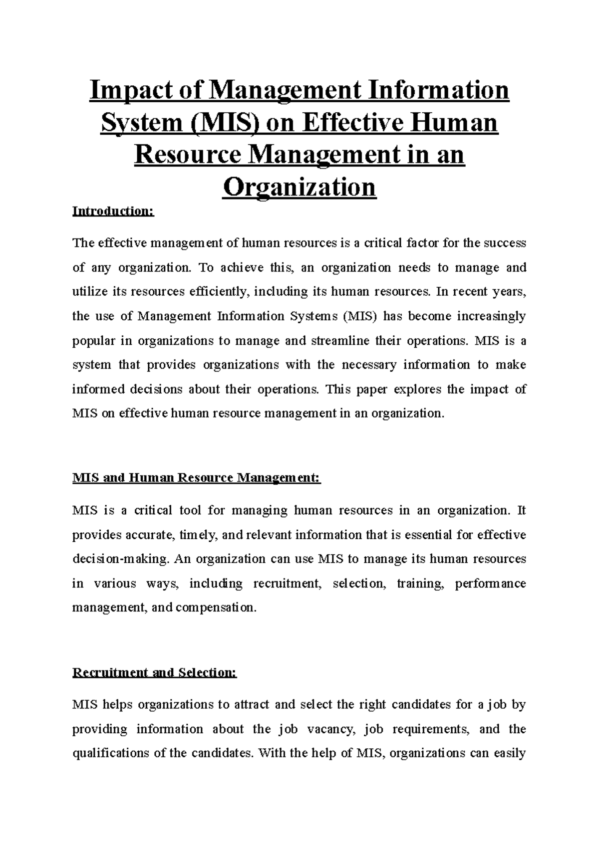 Exploring MIS's Role in Effective HR Management in Organizations - Studocu